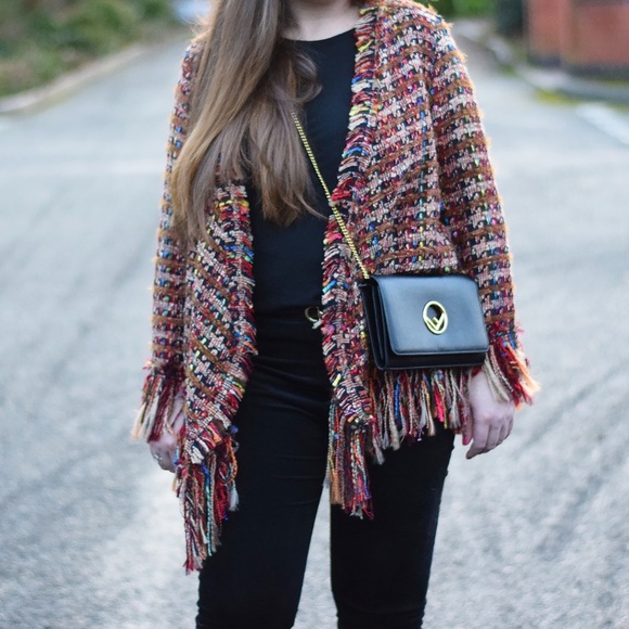 Zara | Jackets & Coats | Zara Red Frayed Tweed Jacket With Fringe ...